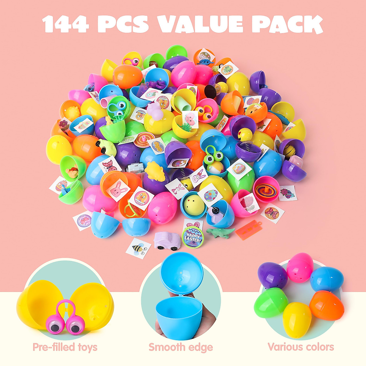 JOYIN 144 PCS Prefilled Easter Eggs with Assorted Toys for Easter Egg Hunt, Party Favors, Basket Stuffers, Classroom Prize Supplies