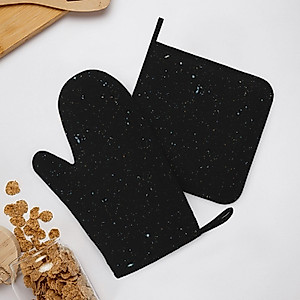 Black Glitter Silicone Oven Mitts Pot Holder Sets 2pcs Cute Design Washable Non Slip Kitchen Heat Resistant Mat Women's Cooking Gloves for Baking and BBQ Wear
