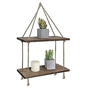 Flexzion Wall Hanging Shelf for Plants, 2 Tier Floating Rope Shelves with Hooks, Boho Wall Decorations for Bedroom Bathroom Living Room Farmhouse Rustic Decor Display Shelf for Plant