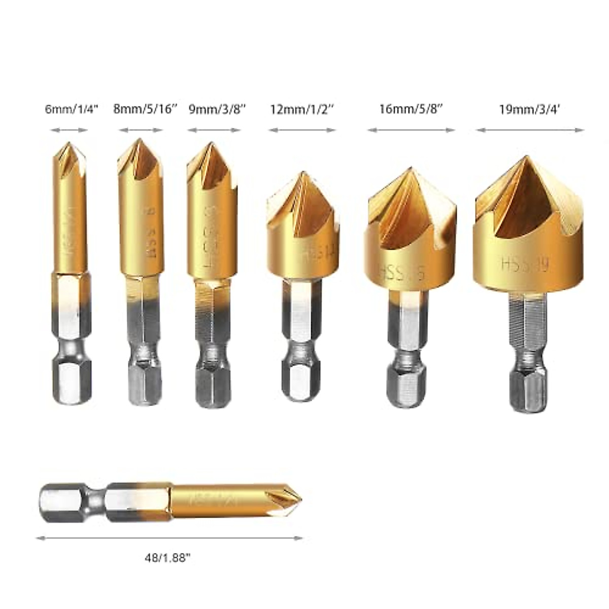 Baban Countersink Drill Bit,Countersink Drill Bit Set 6 Pcs 1/4'' Hex Shank HSS 5 Flute Countersink 90 Degree Center Punch Tool Sets for Wood Quick Change Bit 6mm-19mm