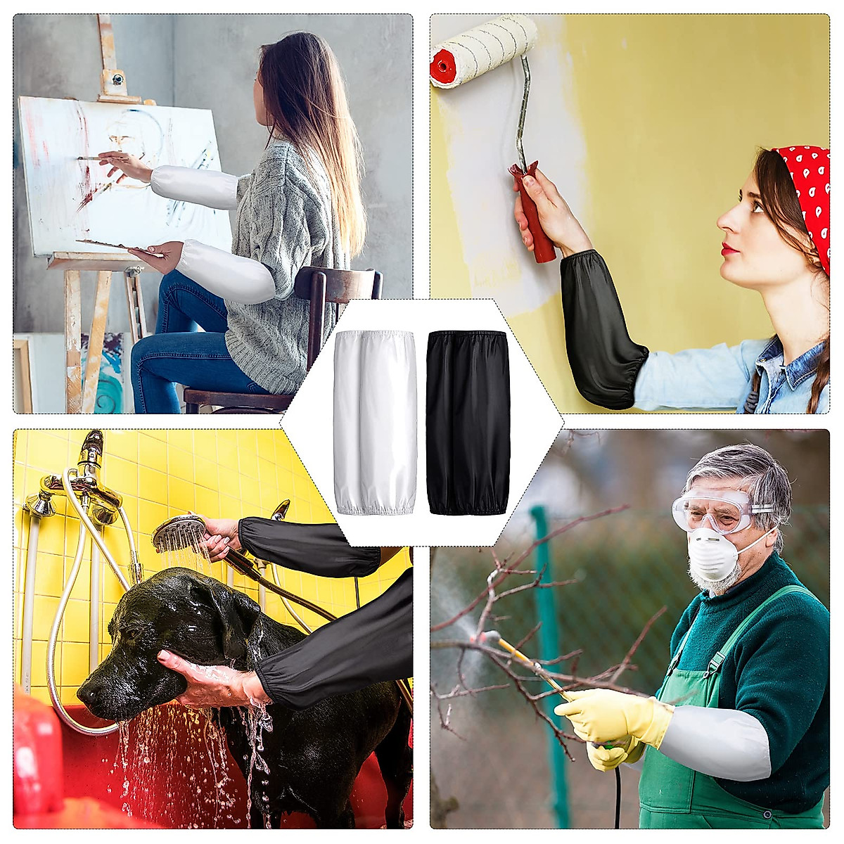 Jecery 4 Pairs Waterproof Sleeves for Arms Reusable Oilproof Oversleeves PVC Farmers Arm Sleeve Cover for Cleaning Cooking Painting (Black, White, Medium)