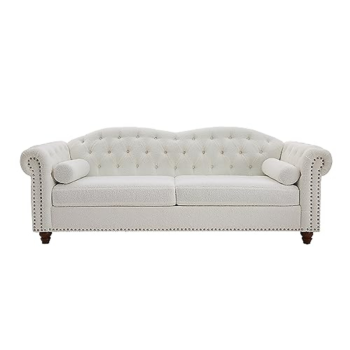 Lunanniu 81" Teddy Fabric Chesterfield Tufted Fabric Sofa 3 Seat Capacity Rolled Arm Nailhead Trim Thick Cushion Deep Seat Button Tufted Back Cozy Stylish for Living Room Apartment White