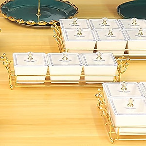 YA JU Ceramic small Snack bowl With Cover Metal Tray, 3 Removable dip bowls are used For Snack, potato chips, fruits, candies, and condiments - Perfect for birthday, parties, Holiday, gift