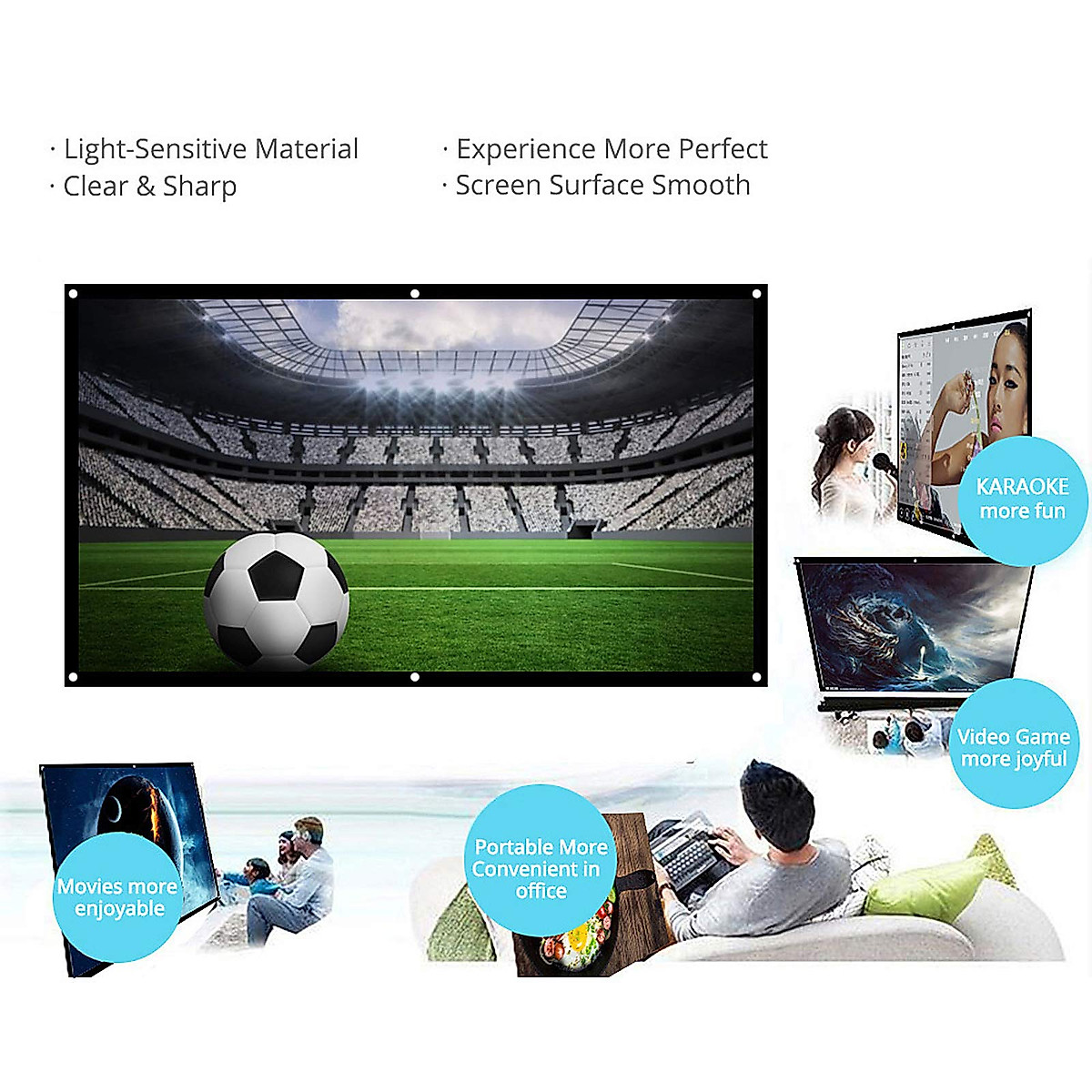 H70 70'' Portable Projector Screen HD 16:9 White Dacron 70 Inch Diagonal Projection Screen Foldable Home Theater for Wall Projection Indoors Outdoors