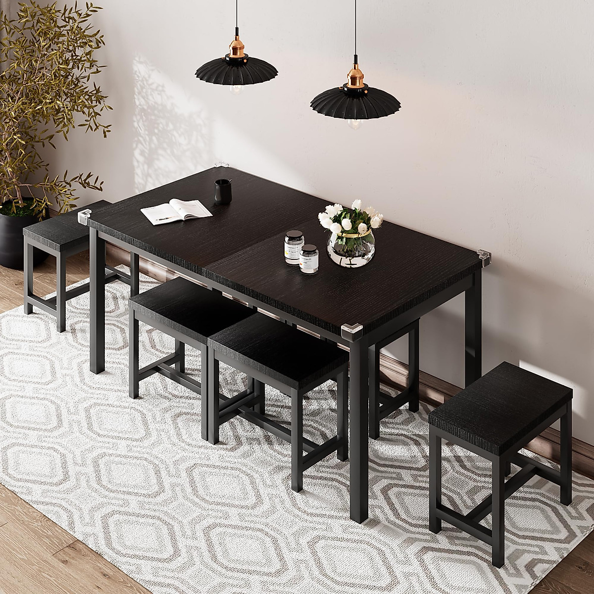iPormis 7-Piece Dining Table Set with 6 Stools, 63" Extendable Kitchen Table Set for 4-8, Modern Dining Room Table with Sturdy Metal Frame, Space-Saving Dinette, Black