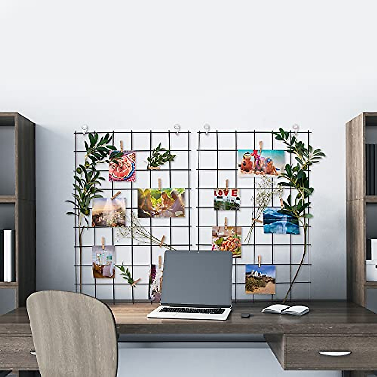 elkayconcepts Wire Wall Grid Panel, Set of 2 with Accessories, Photo Grid, Polaroid Hanging Metal Grid Wall Decor, Wire Wall Grid Organizer, Above Desk Wall Organizer (Black, 25" x 17")