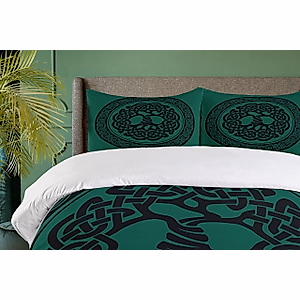 Ambesonne Celtic Duvet Cover Set, Monochrome Tree of Life Illustration Timeless European Motif, Decorative 3 Piece Bedding Set with 2 Pillow Shams, King Size, Forest Green Black