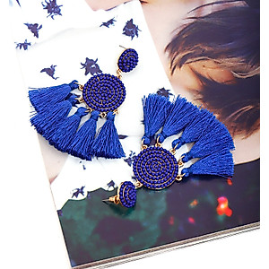 XOCARTIGE Tassel Earrings Thread Fringe Chandelier Drop Dangle Earrings Bohemia Beaded Disc Stud Earring for Women(Blue)