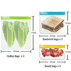Food Storage Bags,6 Packs Reusable Freezer Bags Leakproof,BPA Free PEVA Reusable Gallon Bags,Sandwich Bags,Snack Bags