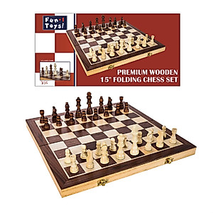 Fun+1 Toys! Wooden Chess Set for Adults and Kids, 15" Portable Chess Board Set with Chess Pieces & Drawstring Bag