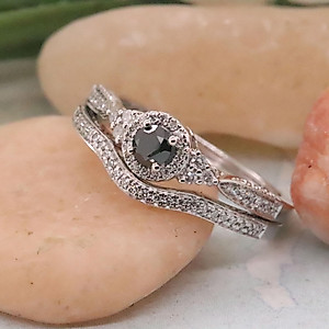 Dazzlingrock Collection 0.33 Carat (Ctw) 14k Round Black And White Diamond Women Halo Style Bridal Engagement Ring Matching Band Set 1/3 CT, White Gold, Size 7