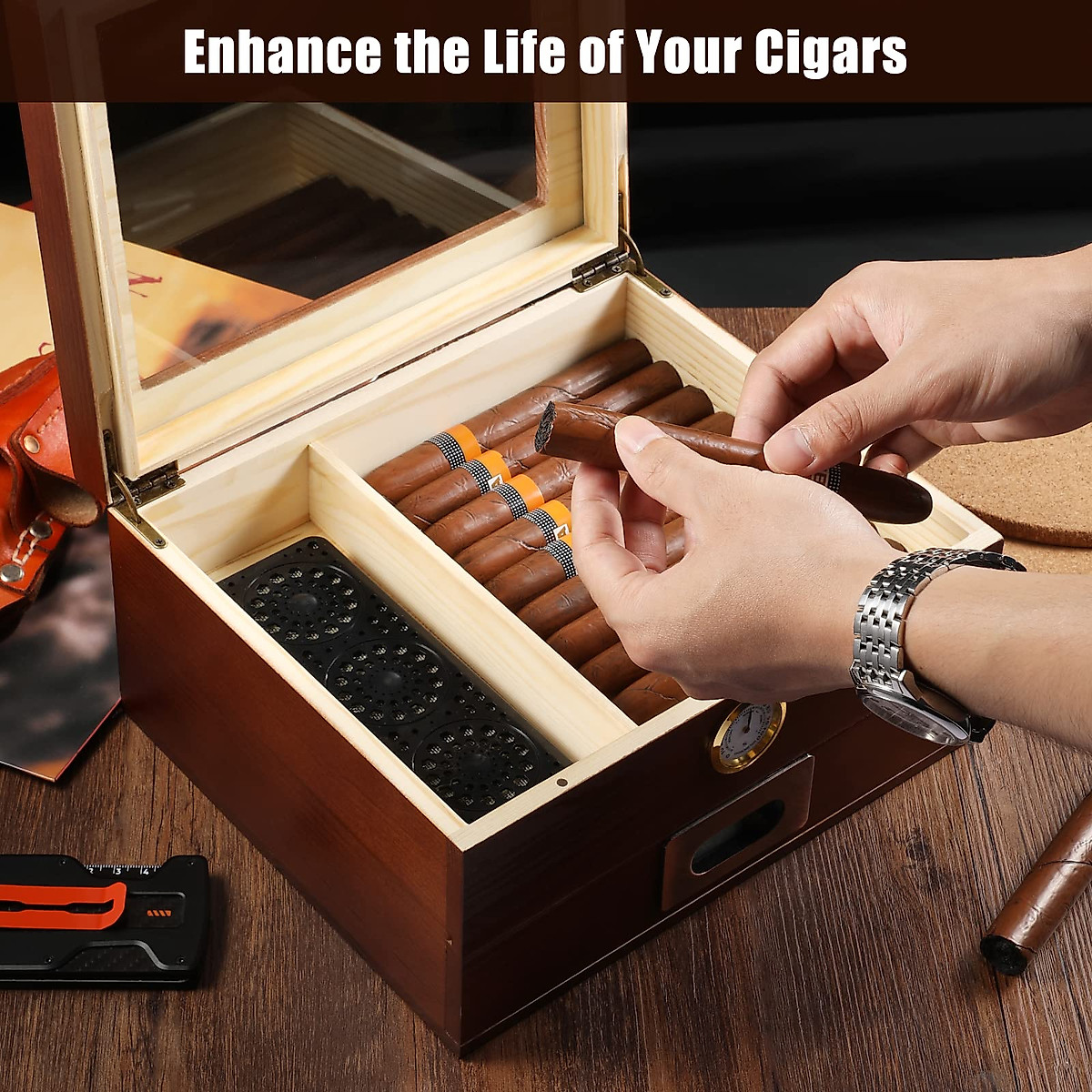 Glass Top Cedar Humidor with Front Hygrometer, Humidifier, Divider, and Accessory Drawer, Desktop Cedar Wood Cigar Box Holds 20-30 Cigars, Cigar Accessories for Men