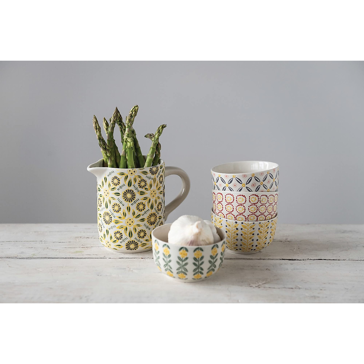 Creative Co-Op Hand-Stamped Stoneware Floral Patterns, Set of 4 Styles Bowl, Multicolored, 4