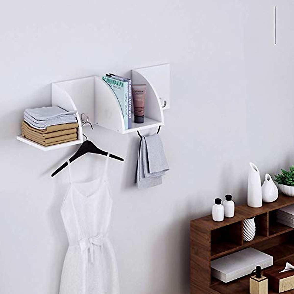 PIBM Stylish Simplicity Shelf Wall Mounted Floating Rack Shelves Partition Bookshelf Simple Hook up Coat Rack Living Room Bedroom,2 Colours, White , 82.3x20x20cm