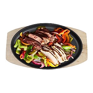 Lot45 Cast Iron Fajita Sizzling Pan- 10in Hot Dish Sizzling Plate Serving Platter with Wooden Base Plate, Steak Skillet