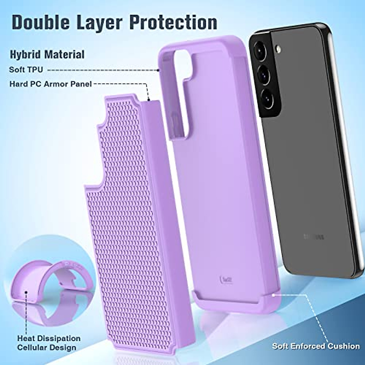 BNIUT for Samsung Galaxy S22 5G Case: Dual Layer Protective Heavy Duty Cell Phone Cover Shockproof Rugged with Non Slip Textured Back - Military Protection Bumper Tough - 6.1inch (Girly Purple)