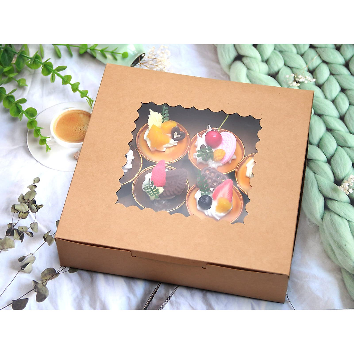 PQZKLDP 10Packs 10x10x2.5 Inches Brown Kraft Cake Boxes with Window, Gift Packing, Bakery Boxes, Dessert, Pastry, Cupcake, Pie Cookies, With Stickers,66 FT Twine(Brown, 10 * 10 * 2.5 Inch)