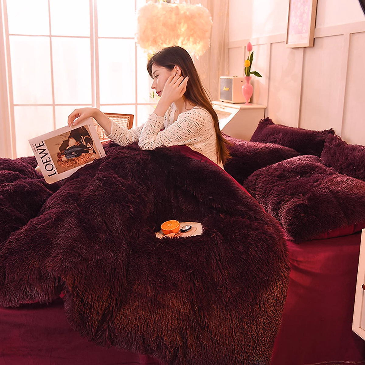 AETVRNI Luxury Plush Shaggy Faux Fur Duvet Cover Set, Super Soft 4 Pieces Dark red Fluffy Comforter Cover Set, Bedding Set(1 Plush Furry Duvet Cover+ 1 Flat Sheet+ 2 Pillow Shams),2,King