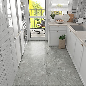 VEELIKE Peel and Stick Floor Tiles Vinyl 12''x12'' Grey Marble Vinyl Flooring 12 Pack Stick on Floor Tiles Waterproof Removable Self Adhesive Vinyl Floor Tile for Bathroom Kitchen Bedroom Floor