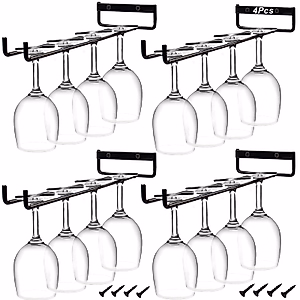 4Pcs Stemware Wine Glass Rack Wall Mountable, Metal Wine Glasses Holder Under Cabinet Organization, Hanging Wine Cup Display Stand for Cabinet Kitchen Bar (Black)