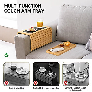 Bamboo Sofa Arm Tray Table - Couch Arm Tray with Extra Removable Tray, Anti-Slip Sofa Armrest Tray, Large Couch Cup Holder Tray for Phone, Cups, Remote, Flexible and Foldable
