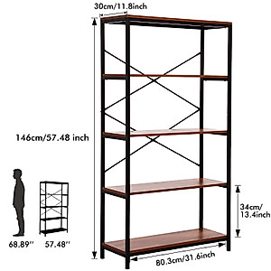 4 Shelf Bookcase, Bookshelf Industrial Style Metal and Wood Bookshelves, Open Wide Home Office Book Shelf