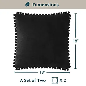 PAVILIA Black Throw Pillow Covers with Pom Pom 18x18 Set of 2, Decorative Pillow Cases for Bedroom Aesthetic, Small Throw Pillows Set for Bed, Velvet Euro Plush Cushion Covers for Sofa Couch