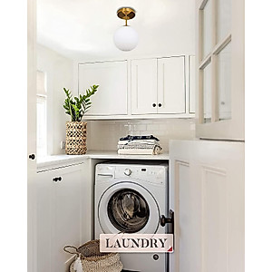 Mid Century Modern Globe Semi Flush Mount Ceiling Light Fixture Frosted Glass with Gold Brass Finish,1-Light Sphere Glass Pendant Lights for Aisle Porch Stairway Closet Kitchen Laundry Room(Bulb Incl)