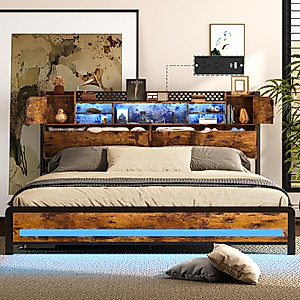 King size Bed Frame with Charging Station(Type-C & USB ports), Adjustable RGB LED light, 3 tier storage headboard with hidden storage space, Heavy duty steel slated, 1100Lbs capacity, Vintage Brown