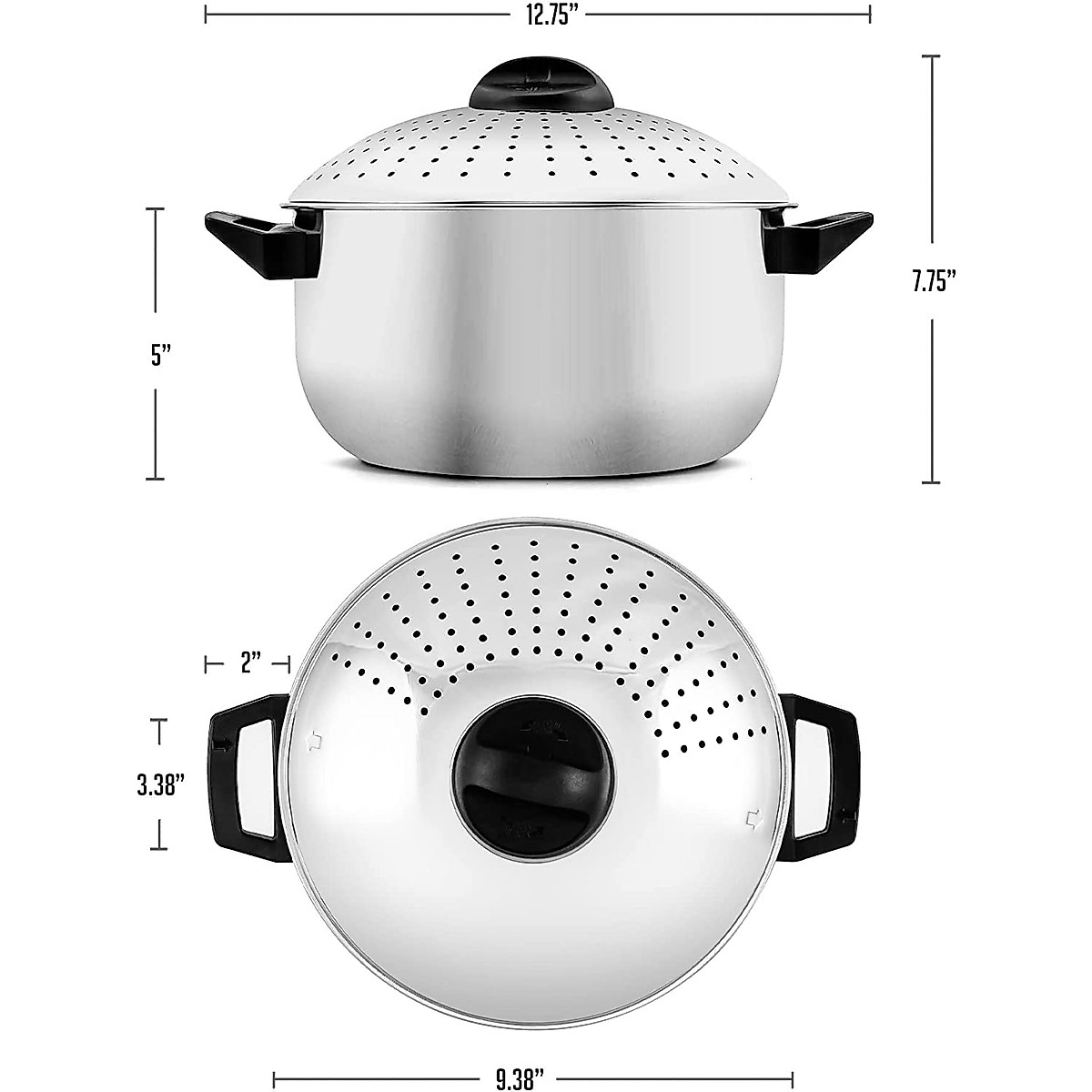 Ovente 4.8 Quart Stovetop Stainless Steel Pasta Pot with Strainer Lid & Locking Feature, Easy Storage and Pour Safe with Cool Touch Handles Perfect for Cooking Noodle Veggie or Sauce, Silver CW15131S