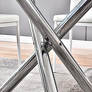 Dining Table with Chairs Set,4HOMART YVONNE&F.L.A.M. 5PCS Round Glass Table Set Modern Tempered Glass Top Table with 4 PU Leather Chairs Dining Room Furniture