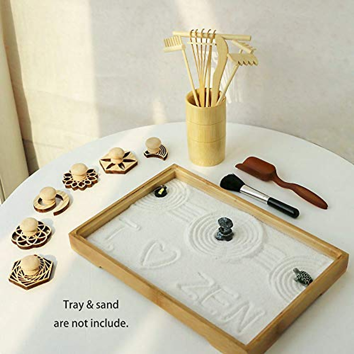 Zen Garden Rake Stamp Tools - Meditation Rock Sand Garden Accessories – Office Desktop Mini Zen Gifts for Man Women Bamboo Rakes Holder Brusher Spoon Figurines