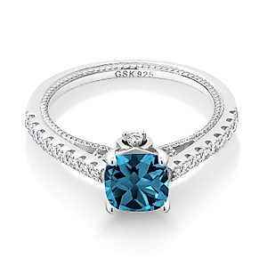 Gem Stone King 925 Sterling Silver London Blue Topaz and White Created Sapphire Engagement Ring For Women (1.45 Cttw, Cushion 6MM, Gemstone November Birthstone, Available In Size 5, 6, 7, 8, 9)