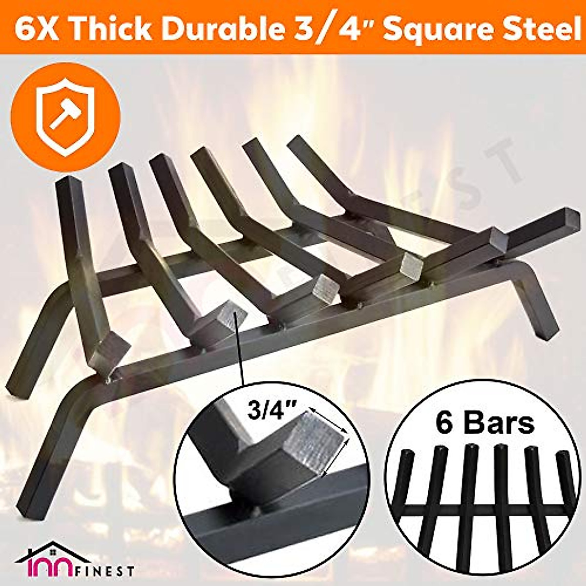 INNFINEST Fireplace Log Grate 27 inch 6 Bar Fire Grates Heavy Duty 3/4” Wide Solid Steel Indoor Chimney Hearth Outdoor Fire Place Kindling Tool Pit Wrought Iron Wood Stove Firewood Burning Rack Holder