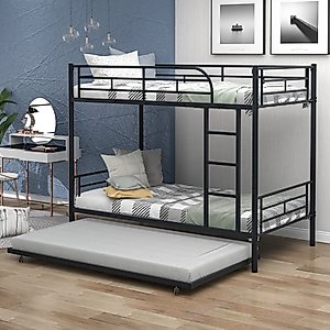 GINGVAT Twin Over Twin Metal Bunk Bed with Trundle and Ladder,Metal Bunk Bed Can be Divided into Two beds,No Spring Box Needed,for Bedroom,Apartment,Black