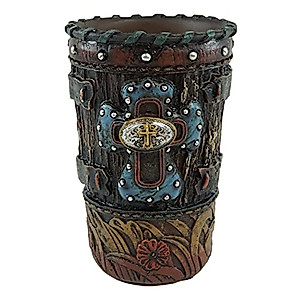 Ebros Gift Rustic Western Old World Country Blue Cross with Concho and Nailheads in Faux Distressed Wood Finish with Floral Patterns (Tumbler Cup, Soap Dish and Toothbrush Holder Set of 3)