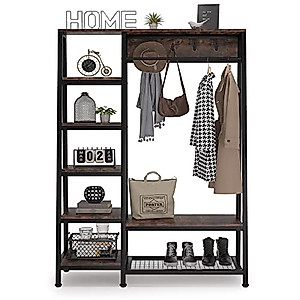 Tribesigns Industrial Entryway Hall Trees with Hooks, Storage Shelves and Shoes Bench, Freestanding Closet Organizer Clothes Rack with Coat Rack, Closet Garments Shelf for Hallway, Bedroom