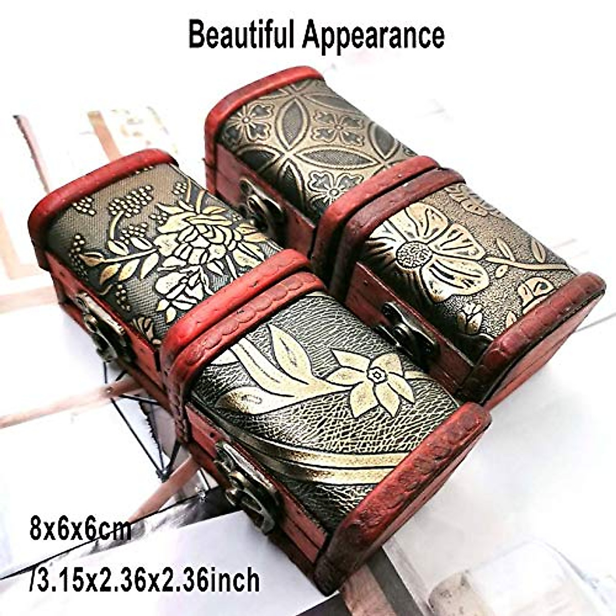 Markeny 4 Styles Pattern Wooden Rings Case Box Little Treasure Chest Vintage Handmade Box with Mini Metal Lock for Storing Jewelry Treasure Pearl