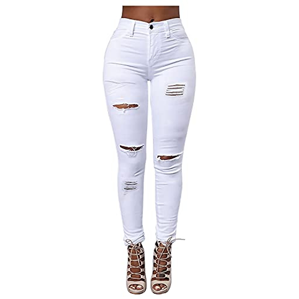 Women's High Waisted Butt Lift Stretch Ripped Skinny Jeans Distressed Denim Pants US 10 White 15