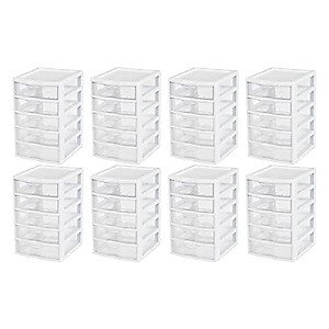 Sterilite Clearview Small Clear Plastic Stackable 5 Drawer Storage System for Desktop and Drawer Household Organization for Stationary or Pens, 8 Pack