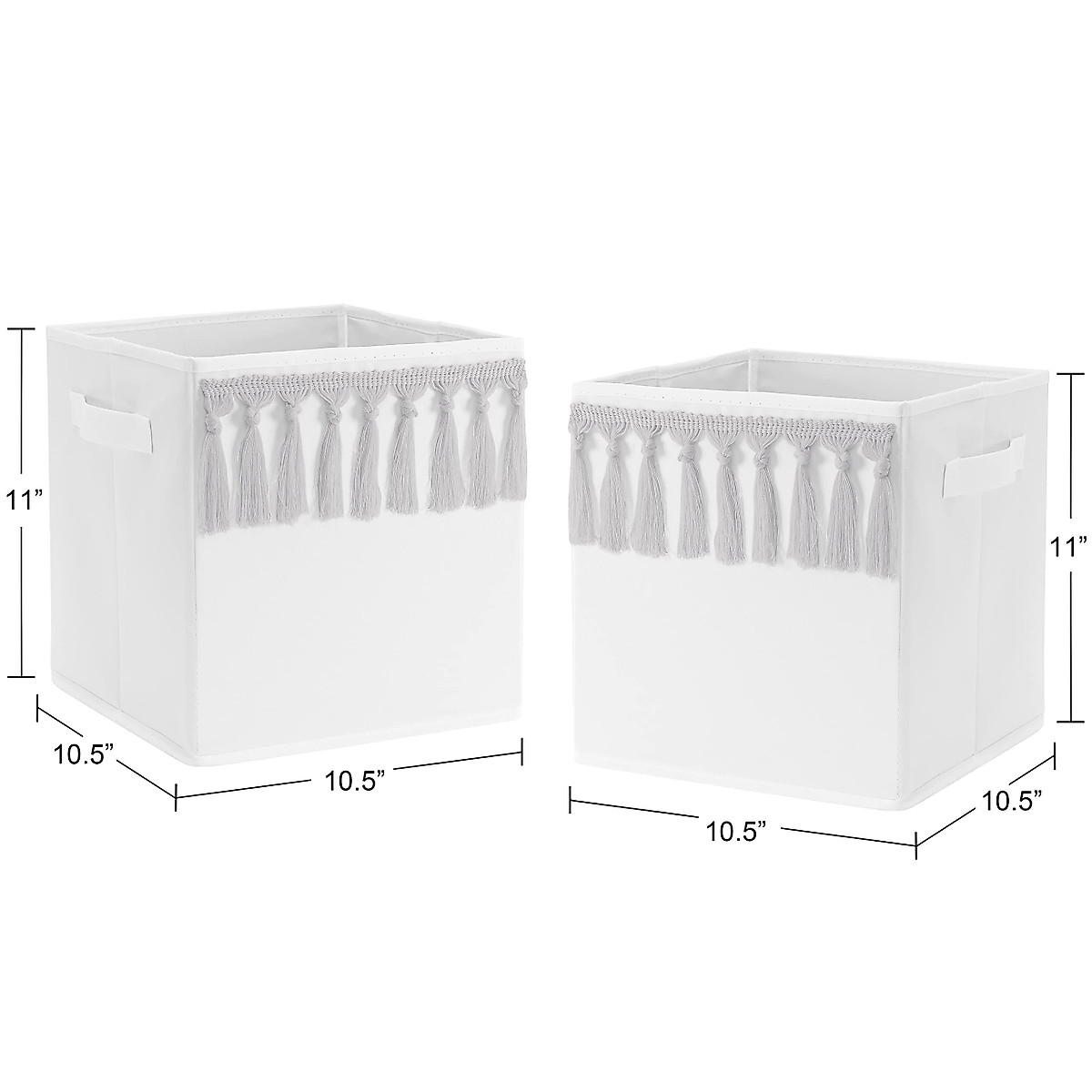 Sweet Jojo Designs Boho Bohemian Foldable Fabric Storage Cube Bins Boxes Organizer Toys Kids Baby Childrens - Set of 2 - Grey White Farmhouse Shabby Chic Designer Modern Minimalist Gray Tassel Neutral