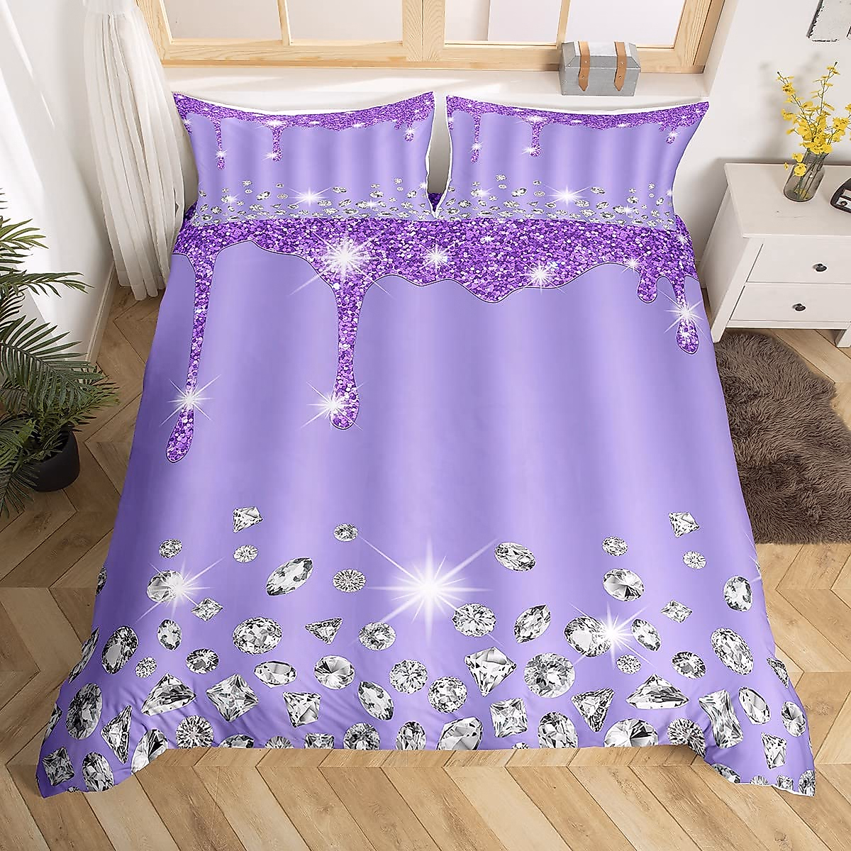 Silver Glitter Print (No Glitter) Bedding Set Bling Party Decorations Purple Comforter Cover for Girls Diamond Jewelry Duvet Cover Bedspread Cover Quilt Cover Full