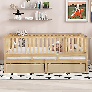 HomSof Full Size Wood Daybed with Fence Guardrails and 2 Drawers, Split into Independent Floor Bed & Daybed, Natural