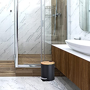 SIDIANBAN Small Bathroom Trash Can with Bamboo Lid Soft Close and Foot Pedal, 1.3Gal/5L Round Garbage Can with Removable Inner Wastebasket for Bedroom, Powder Room, Craft Room, Office, Kitchen, Black