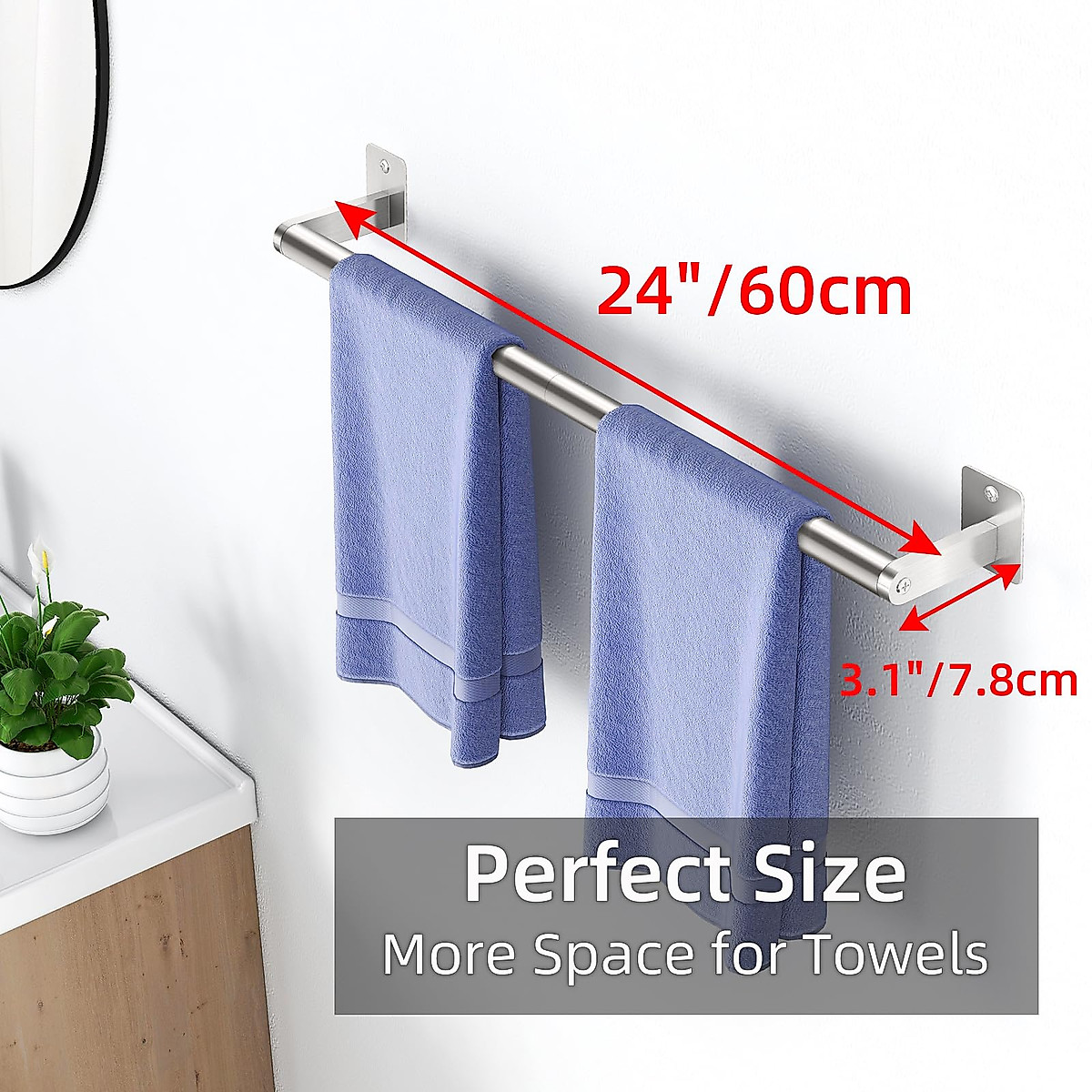 Bathroom Towel Bar, 24 Inch Towel Racks for Bathroom Wall Mounted, Heavy Duty Bath Hand Towel Holder Organizer, Modern Home Decor Towel Rod Bathroom Hardware Accessories, Brushed Silver