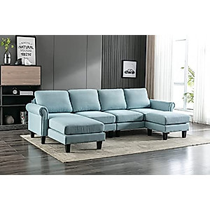 L-Shape Modular Sectional Sofa, Modern Upholstered Accent Sofa with Movable Ottoman, U-Shaped Corner Sofa with Armrest and Wood Legs, Lounge Couch Sofa for Living Room Bedroom Apartment, Light Blue