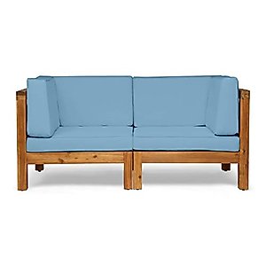 Great Deal Furniture Keith Outdoor Sectional Loveseat Set | 2-Seater | Acacia Wood | Water-Resistant Cushions | Teak and Blue