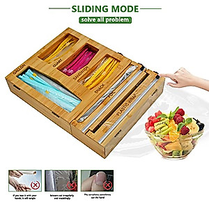 Blue Cheetah Creations All-In-One Bamboo Wood Bag Organizer, Foil and Wrap Dispenser with Cutter, Kitchen Drawer Organizer or Wall Mount, Detachable