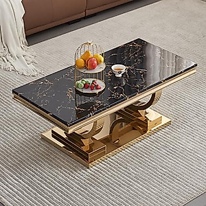 Maotifeys Black and Gold Marble Mid Century Modern Coffee Table with O Shape Stainless Steel Pedestal Base, Rectangle Marble Top for Living Room, Bedroom, Office Behind Couch