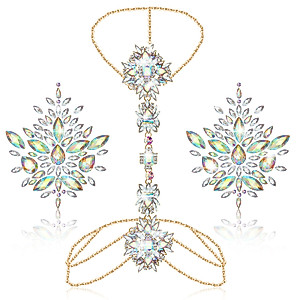 Boho Rhinestone Statement 2 Pieces Chest Chain Adhesive Covers Body Jewelry for Women Body Chain for Beach Women